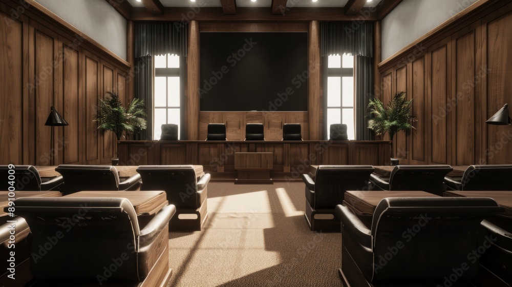 A courtroom with a digital evidence display, lawyers presenting data ...