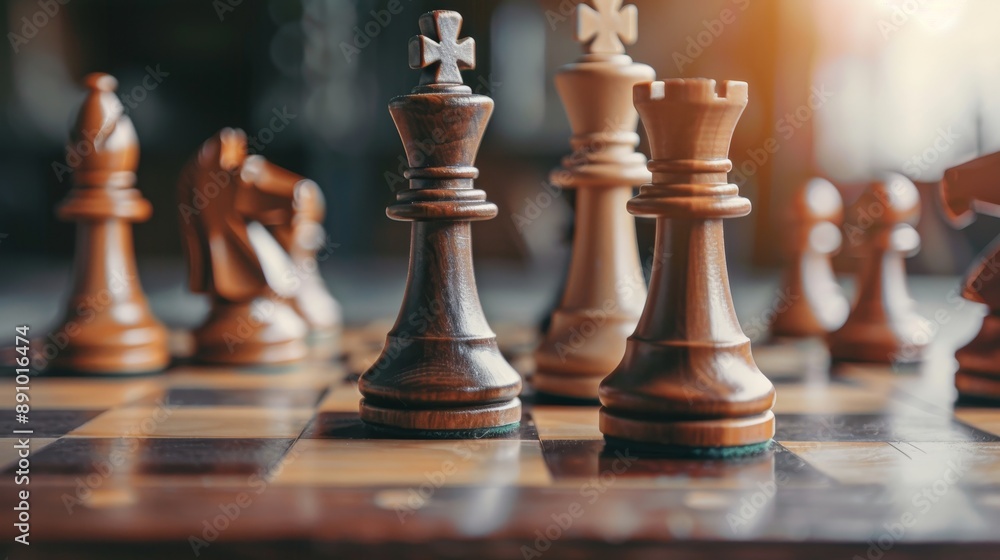 Precision alignment of chess pieces on a vintage wooden board, mid-game ...