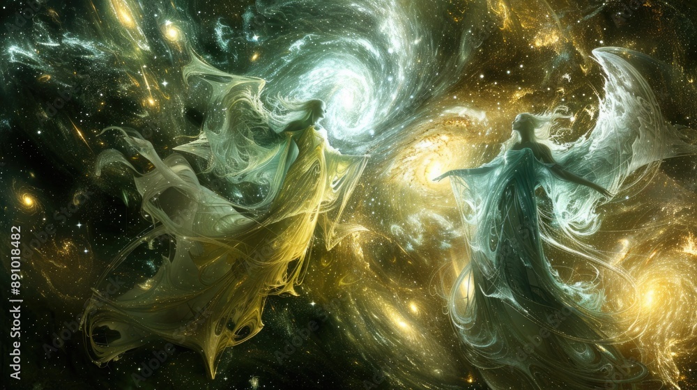 Ethereal beings of light and darkness engaged in a celestial dance ...