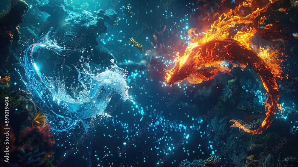 Ethereal entities of water and flame battling in a surreal underwater ...
