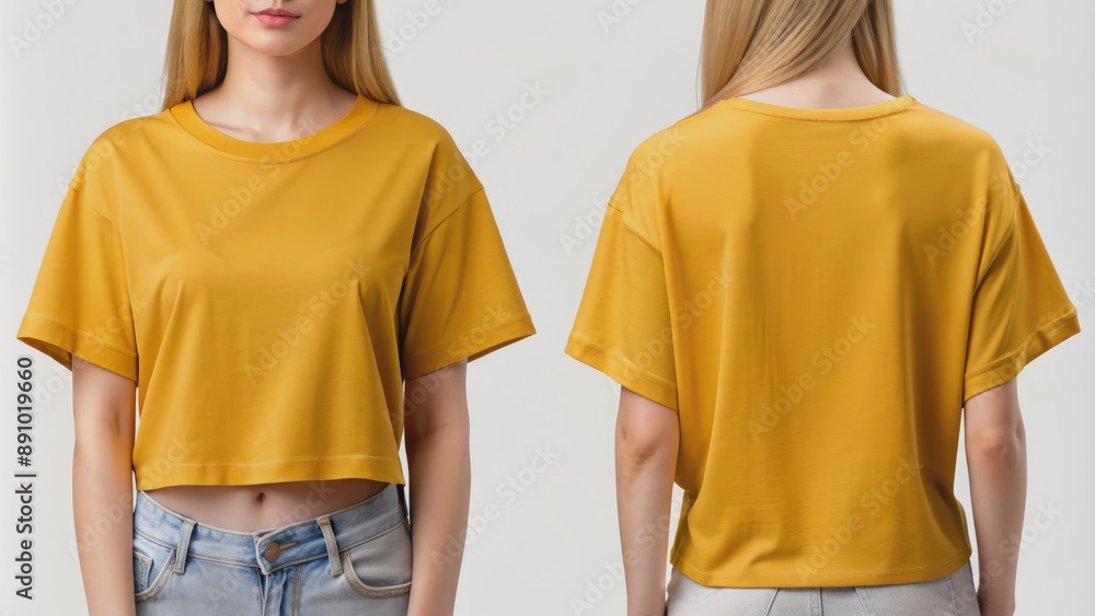 Yellow orange mustard colored woman's loose cropped midriff t-shirt ...