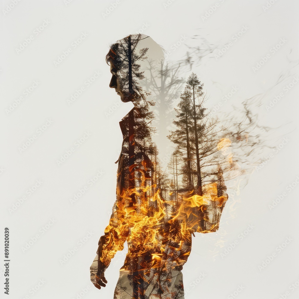 Brave Environmentalist Facing Forest Fire - Double Exposure ...