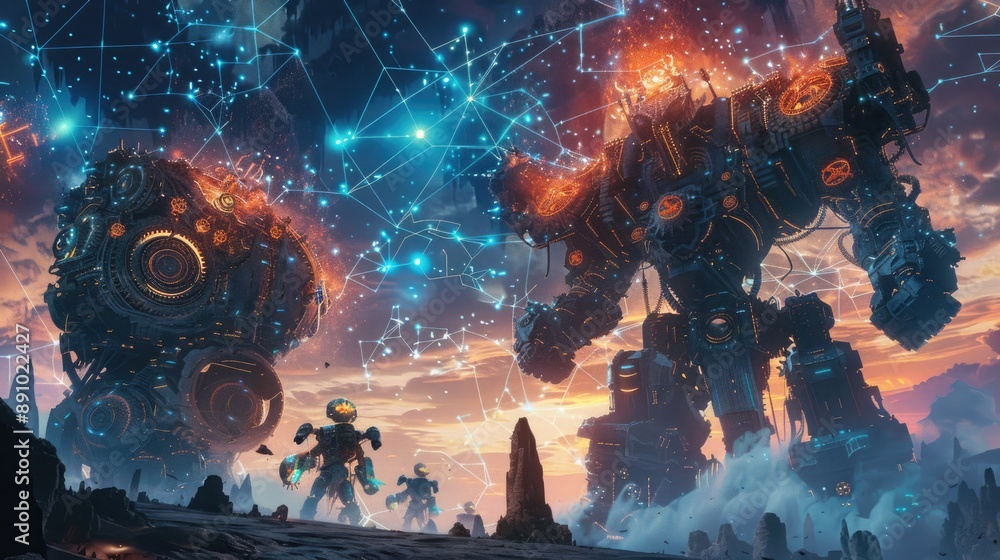 Mechanical behemoths of arcane machinery and elemental gears wage war ...