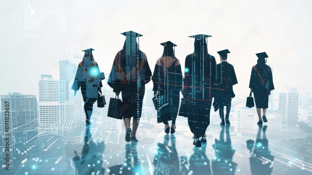 Academic graduates silhouetted against a backdrop of a futuristic city ...