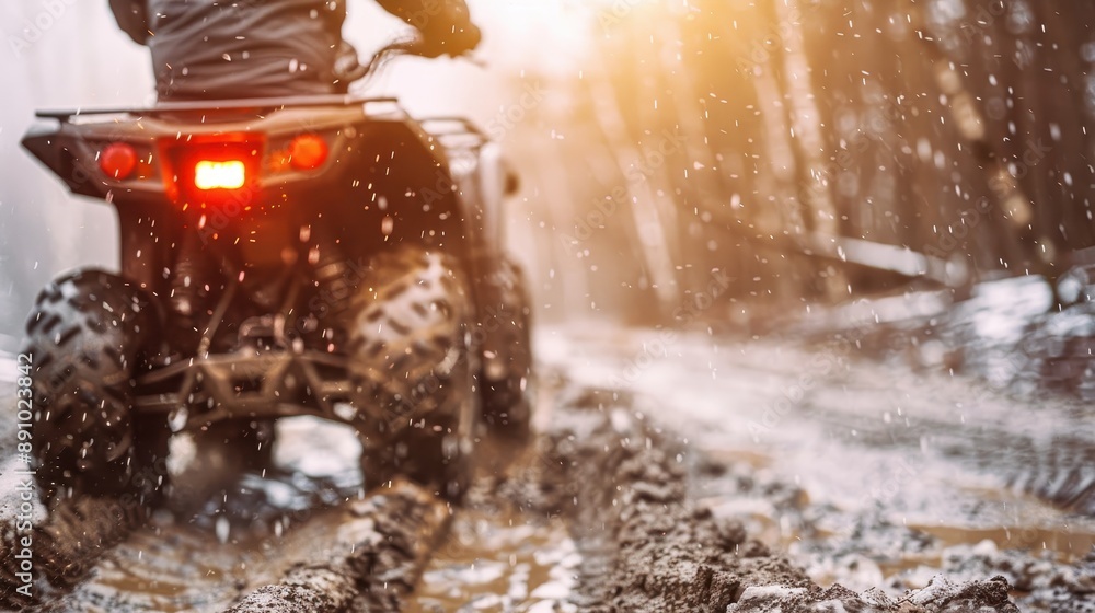 A man is driving an ATV through a muddy field. The ATV is covered in ...