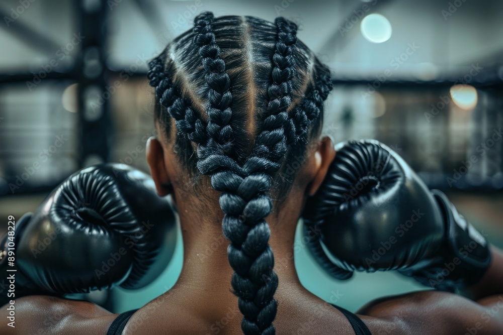 Female Boxer with Long Braids in Boxing Ring Ready for a Fight and ...