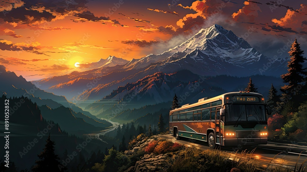 Sunset over mountain range with a bus on road. Suitable for travel ...