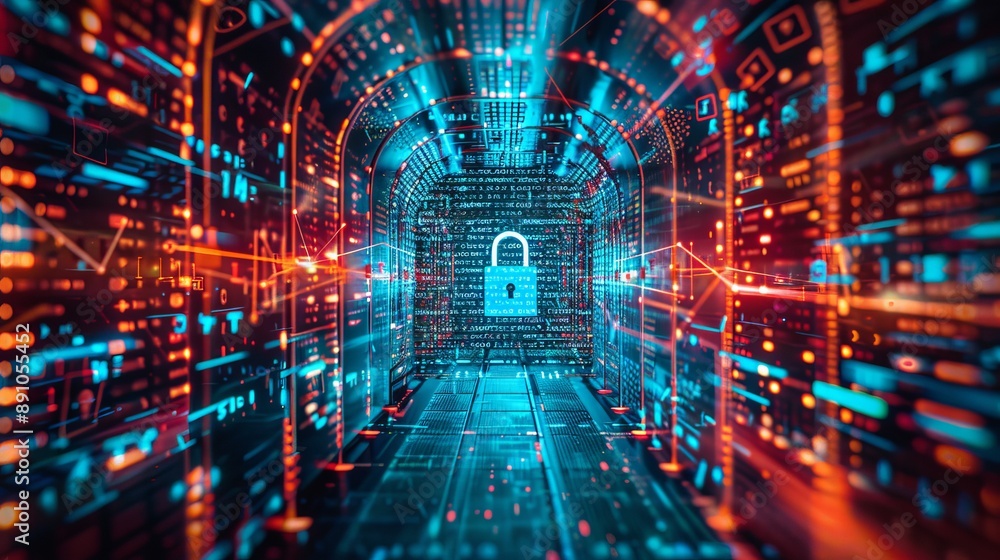 Cybersecurity Gateway Digital Lock in a Futuristic Server Room ...