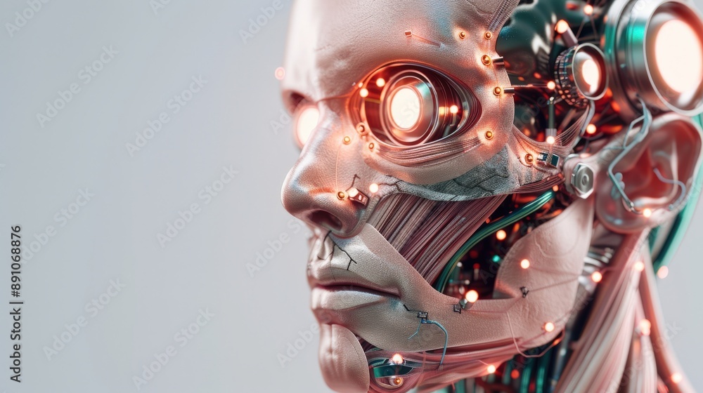 Futuristic robotic android close-up with glowing eyes and detailed ...