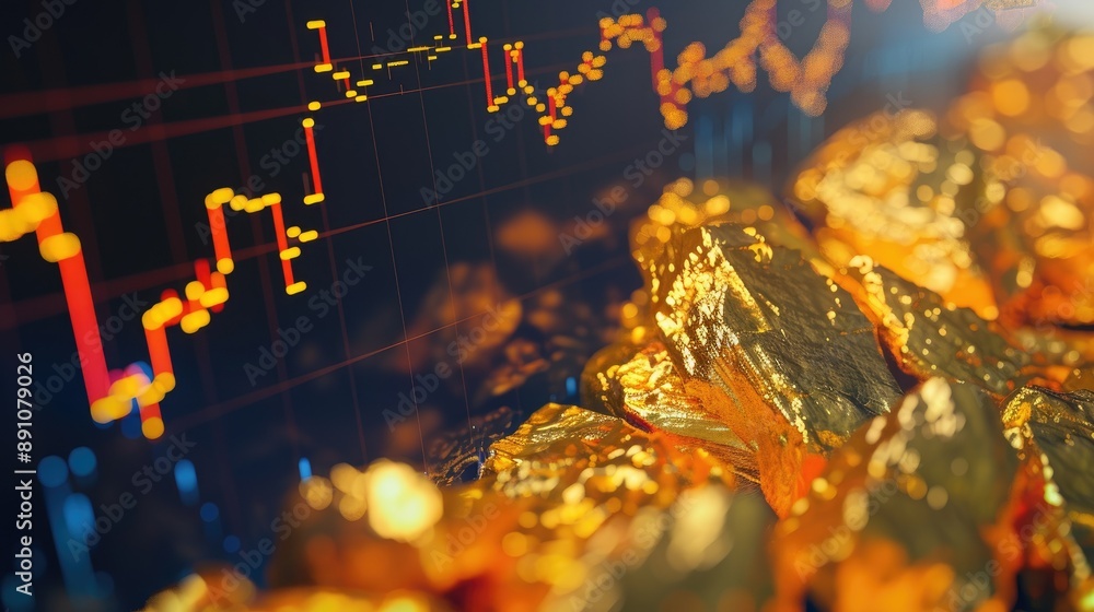 Gold chart displayed on a digital screen, with technical analysis ...