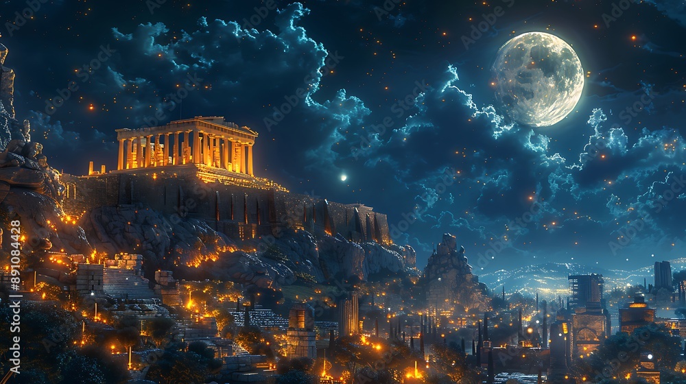 An anime depiction of the Acropolis of Athens at night, starry sky with ...