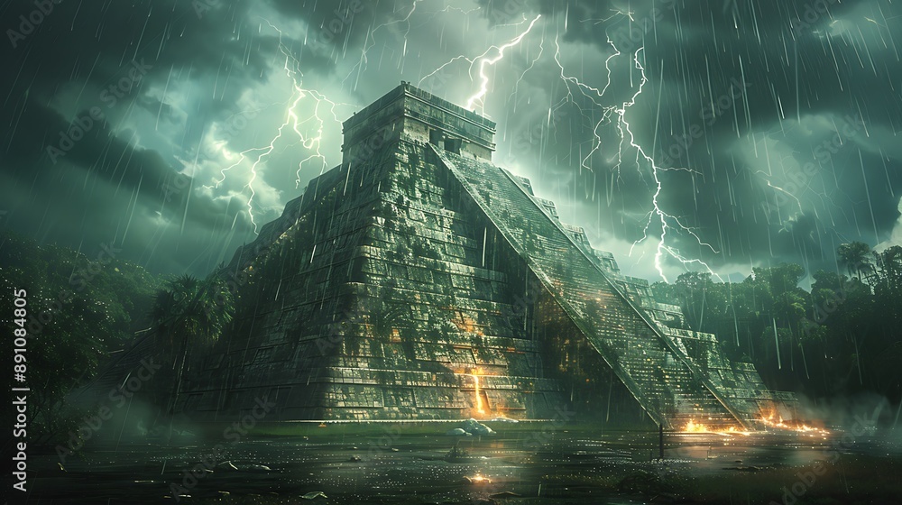 An anime scene of Chichen Itza during a thunderstorm, dramatic ...