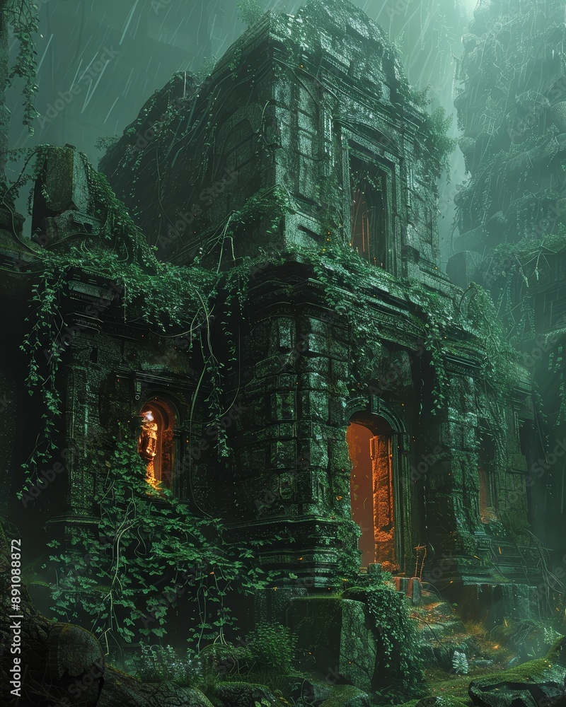 The ancient temple is hidden in the jungle. The rain is falling and the ...