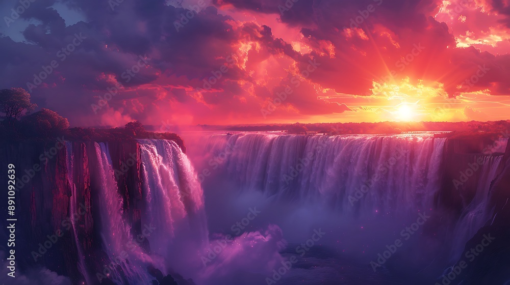 Victoria Falls in an anime scene during sunset, dramatic hues of orange ...
