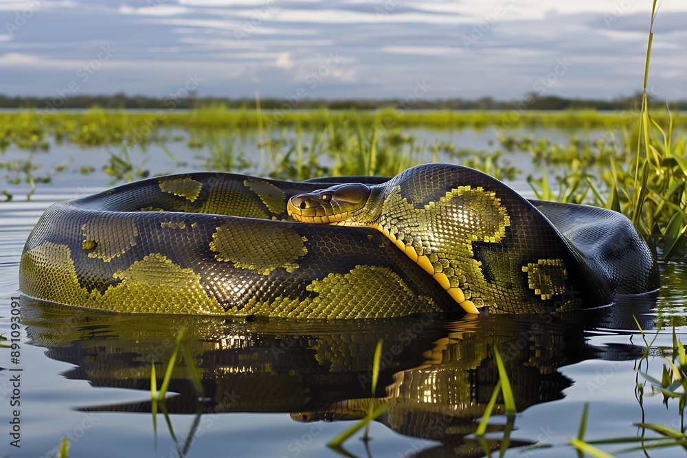 Green Anaconda slithering through the water in the Amazon River its ...