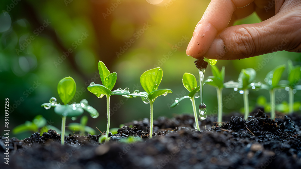 Agriculture. Growing plants. Plant seedling. Hand nurturing and ...