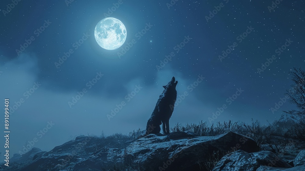 Lone Wolf Howling at the Full Moon in a Starry Night - A lone wolf stands on a rocky cliff ...
