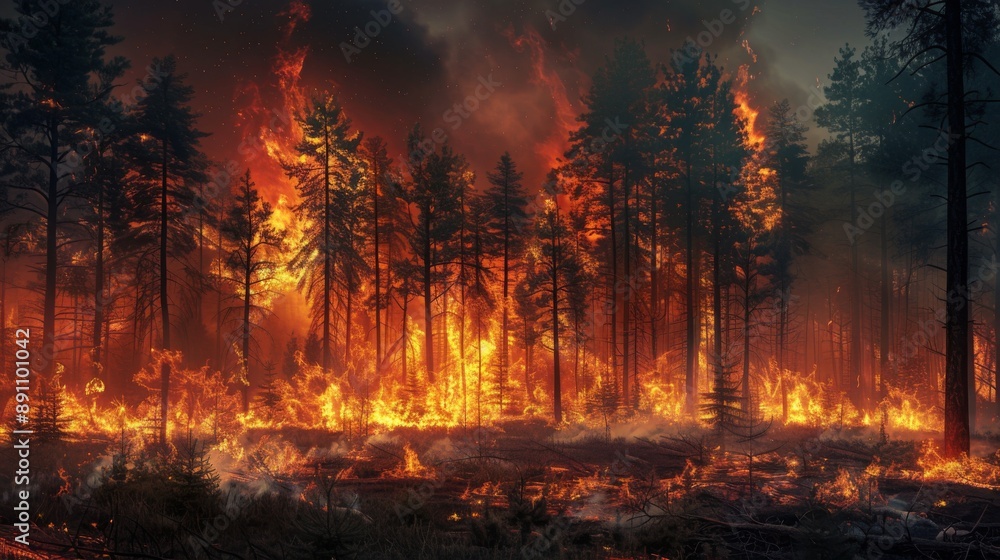 Intense forest fires ravaged the wilderness, engulfing tall trees on ...