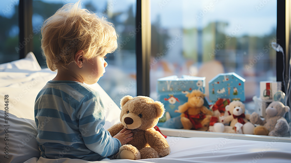 Back view of kid patient sitting on hospital bed looking out of window ...