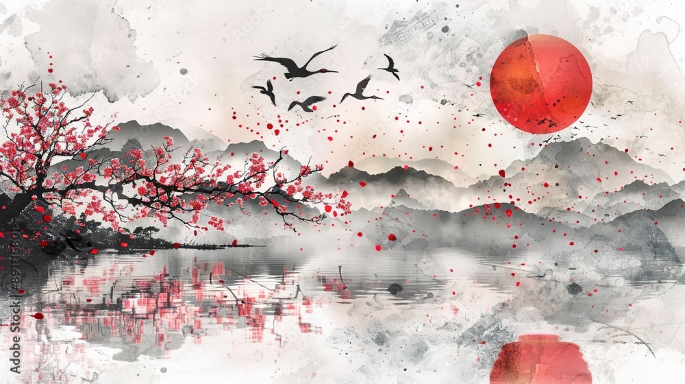 Traditional Japanese style landscape with sakura, hills, sun, lake, and ...