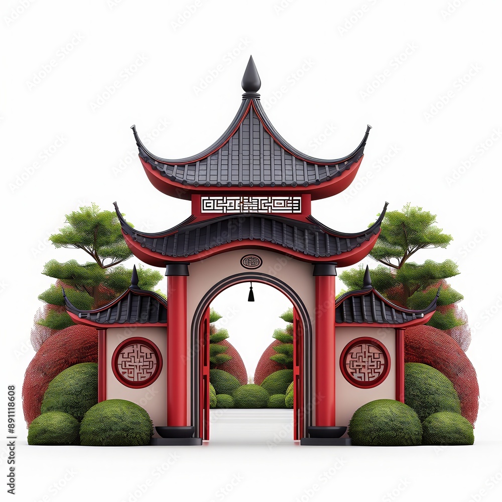 Traditional Chinese gate with vibrant red details, flanked by lush ...