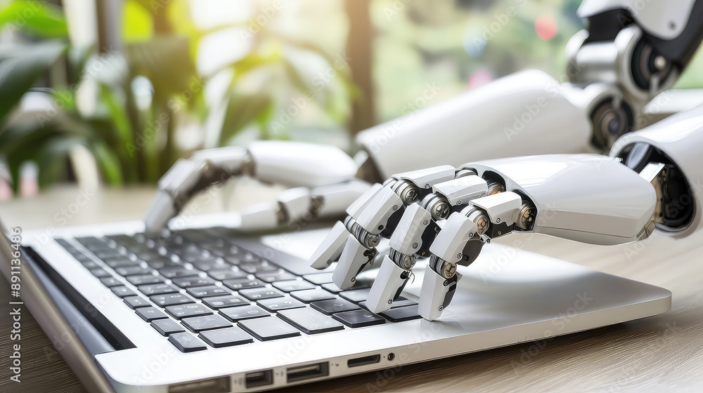 Chatbot. Robot hands typing text on a laptop keyboard. Fingers of steel ...