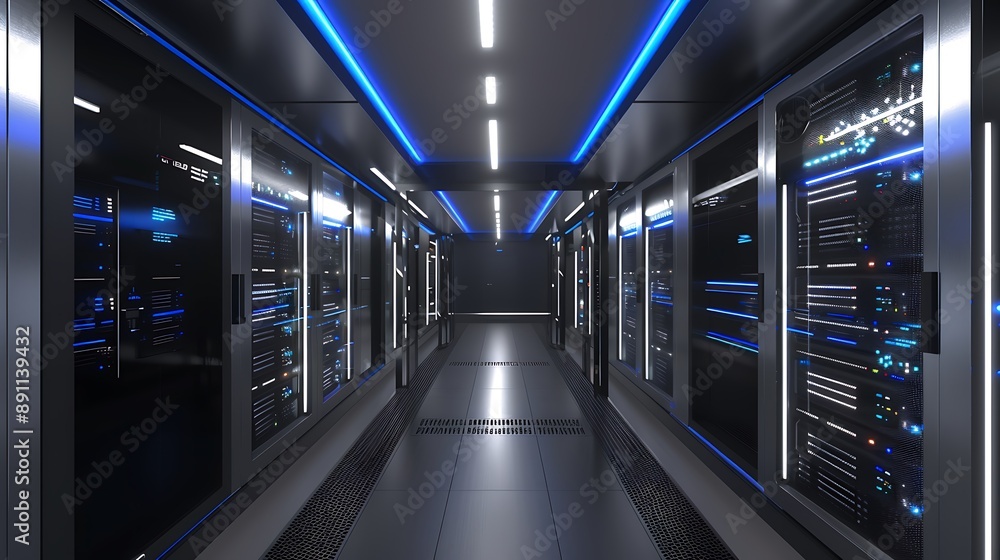 State of the art data center with sleek black server racks, illuminated servers, blue and white ...