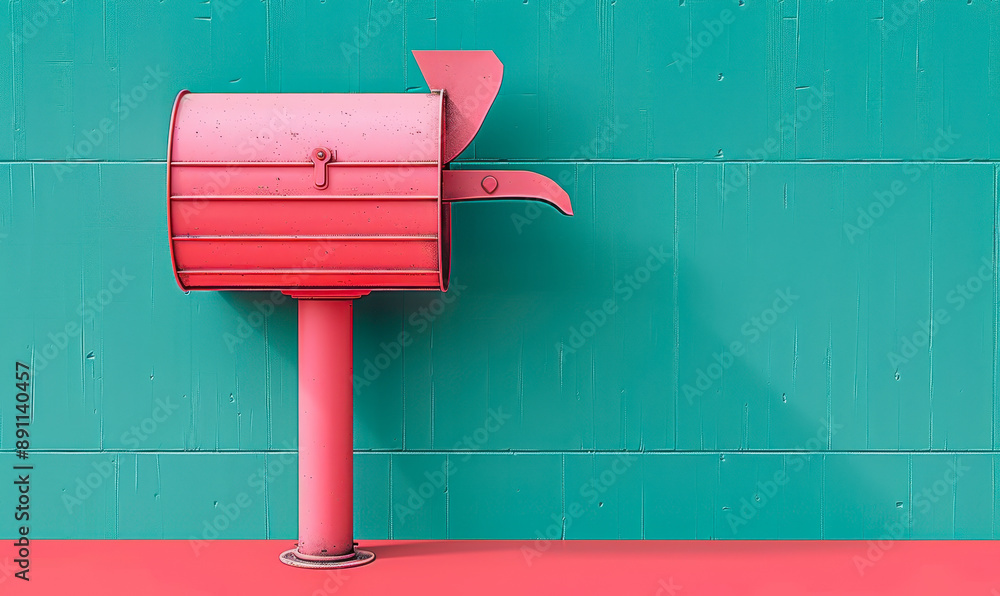 Stylized Pink Mailbox with Open Letter Against Vibrant Teal Wall ...