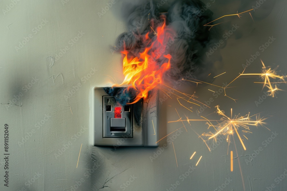 Electrical malfunction scene depicts a white power outlet with red ...