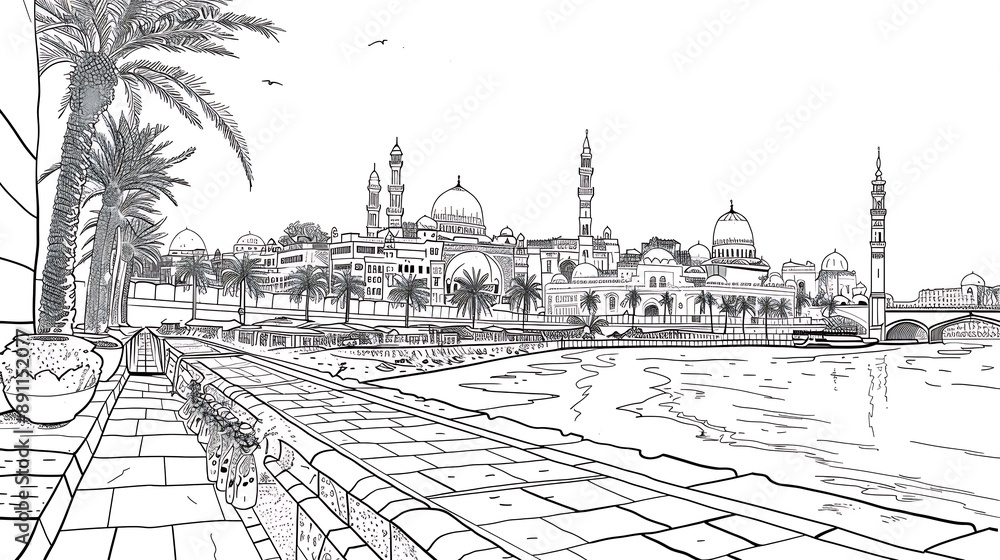 the black and white cartoon drawing with clear art lines of the Mecca ...