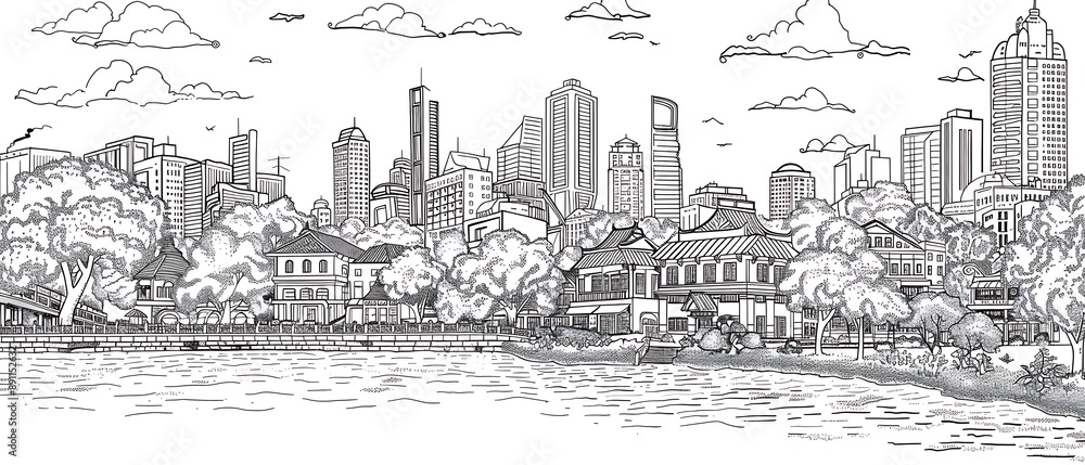 black and white cartoon image with clear line art postcard of jakarta ...