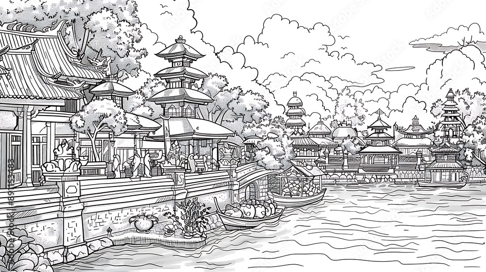 black and white cartoon image with clear line art postcard of Bali and ...