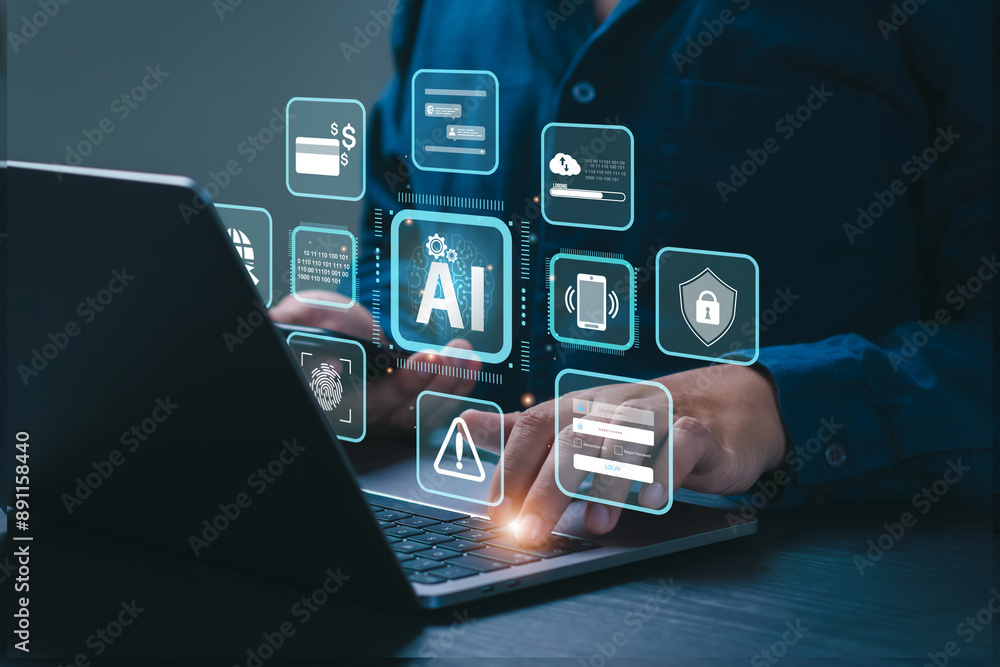 Cyber security and Tech warning or scam concept. Hackers utilize AI (Artificial Intelligence ...