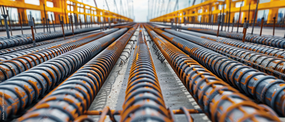 Rebar steel being installed for a concrete bridge deck in large-scale ...