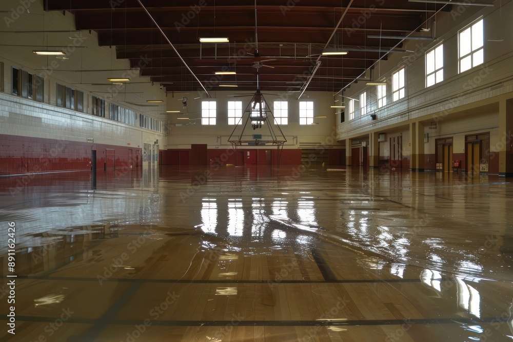 Abandoned school gym interior flooded with water. Empty basketball ...