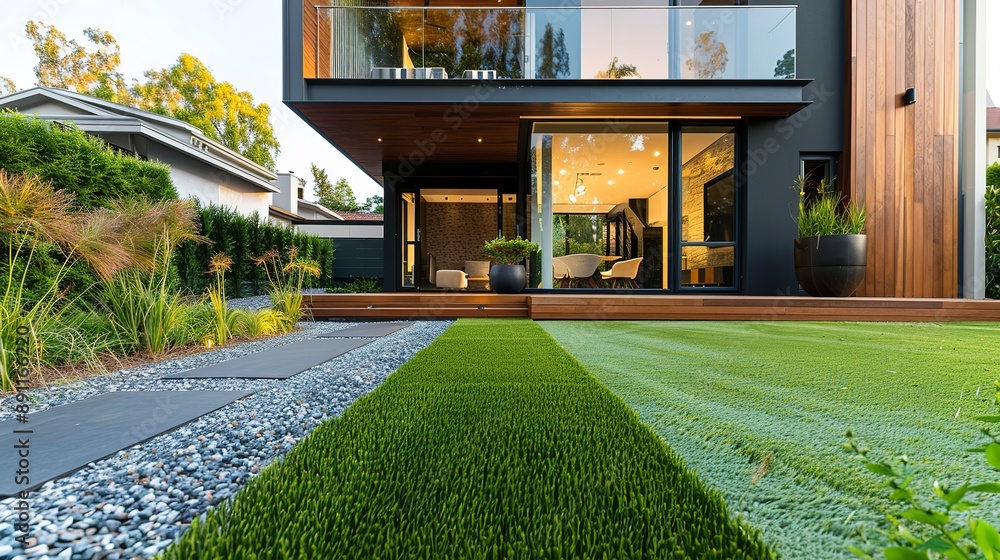 Contemporary Lawn Turf with Wooden Edging in Front Yard of Modern ...