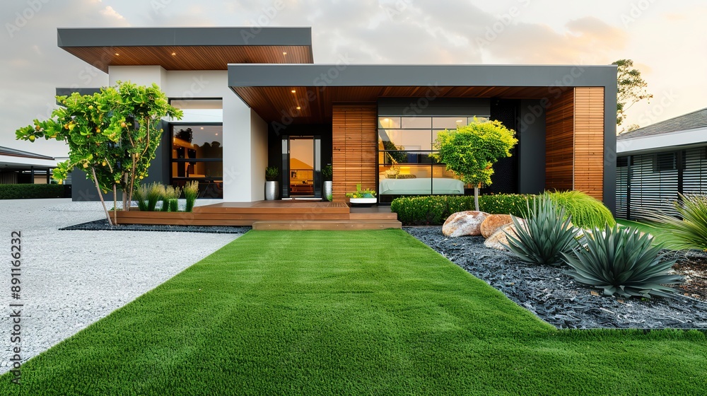 Contemporary Lawn Turf with Wooden Edging in Front Yard of Modern ...