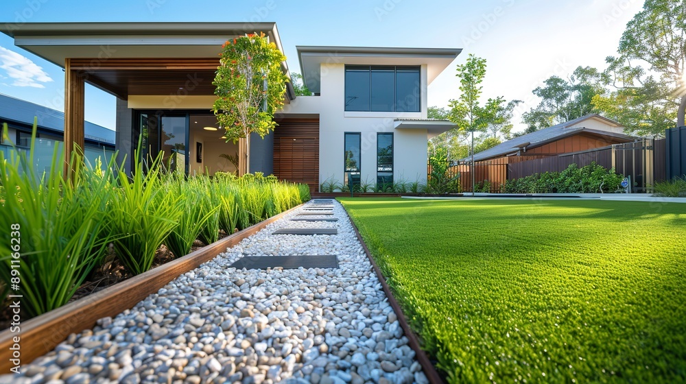 Contemporary Lawn Turf with Wooden Edging in Front Yard of Modern ...