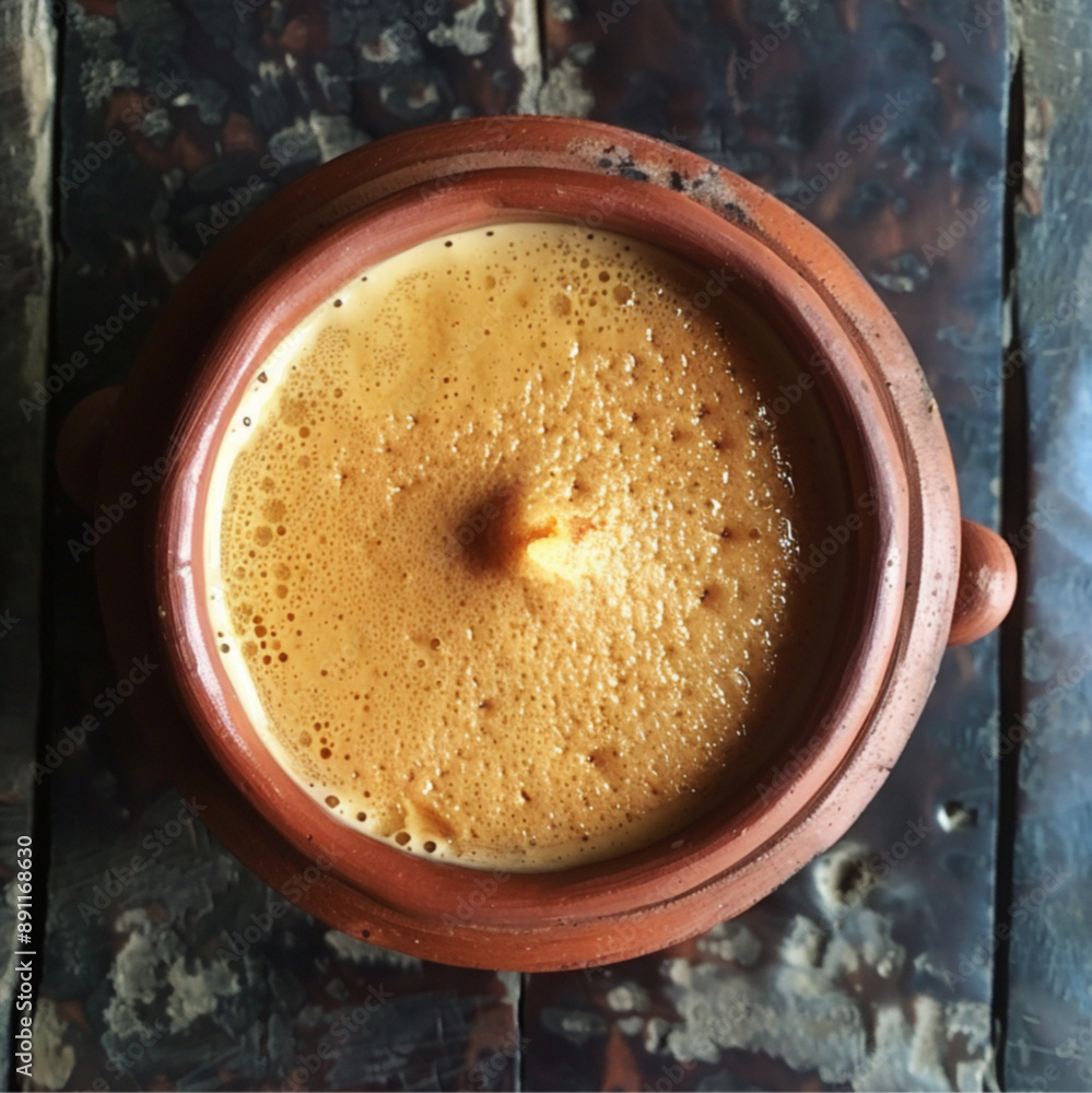 mishti doi brown in color in a clay pot that is wide like a cake, top ...