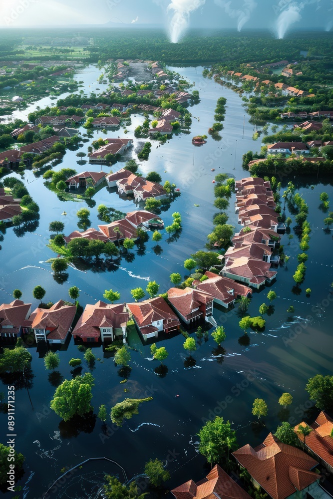 Flooded residential area captured from above. Houses submerged in water ...