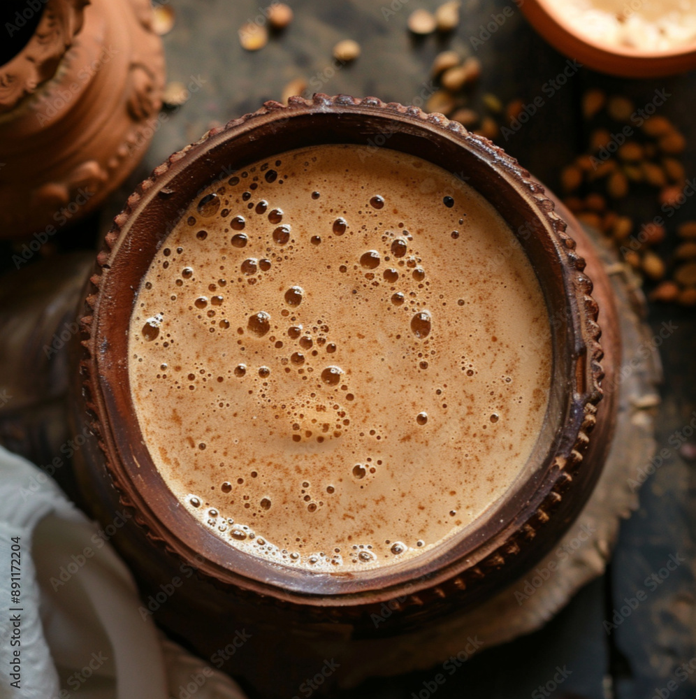 mishti doi brown in color in a clay pot that is wide like a cake, top ...