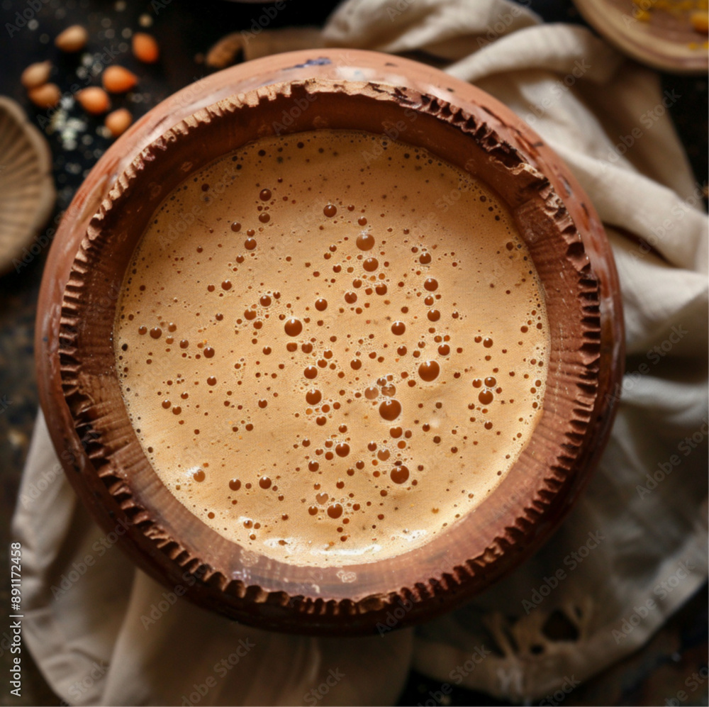 mishti doi brown in color in a clay pot that is wide like a cake, top ...