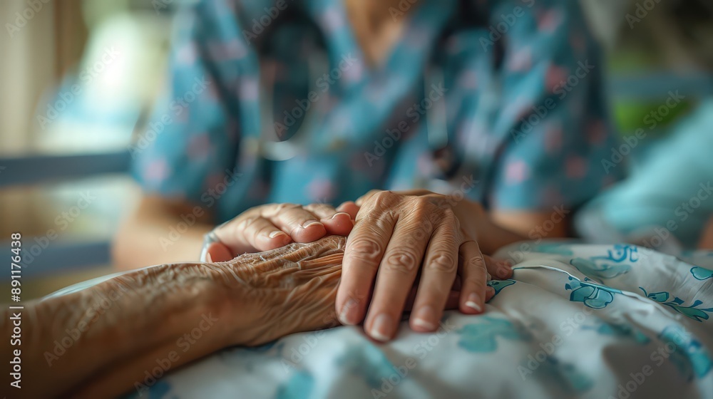 nurse gently holding the hand of an elderly patient in a hospital bed, providing comfort and ...