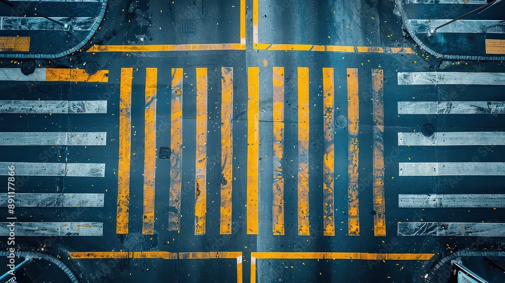 aerial view of a wet, urban crosswalk with bold yellow and white ...