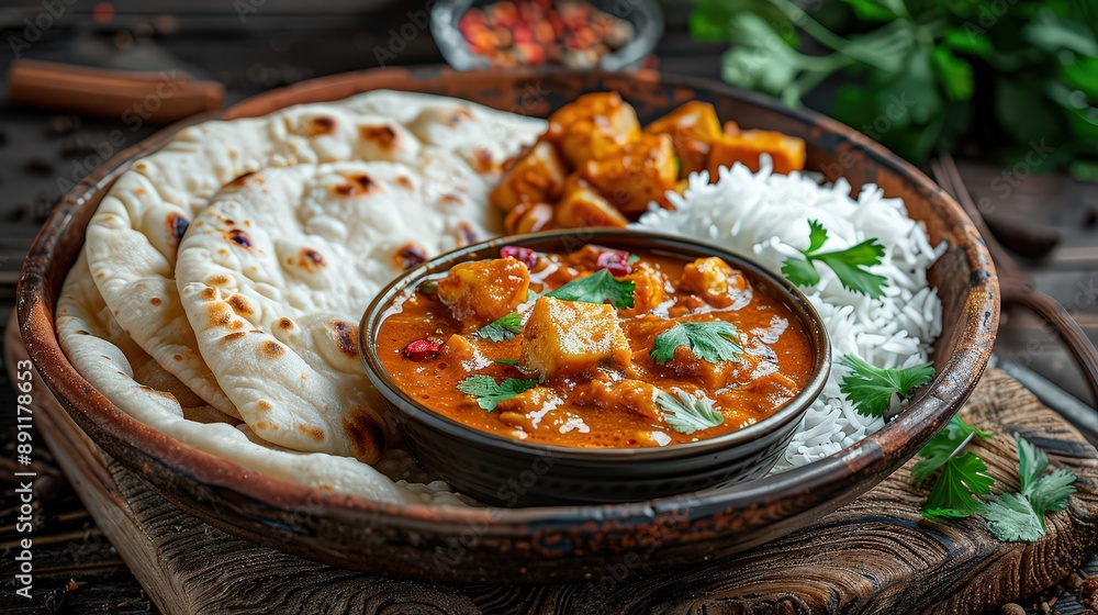 A rich and aromatic curry dish served with fluffy basmati rice and naan ...
