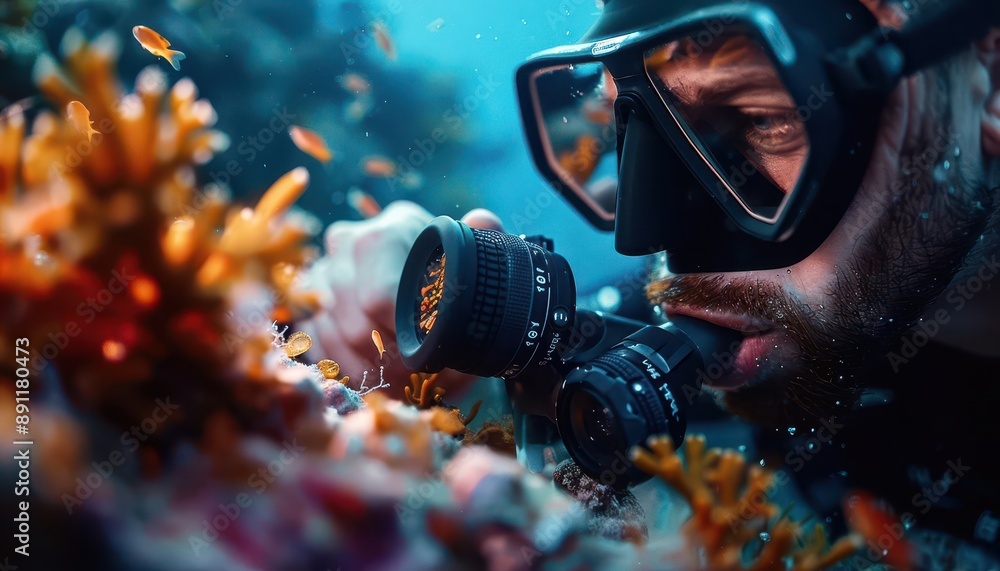 Underwater exploration, closeup on a diver near a coral reef, the ...