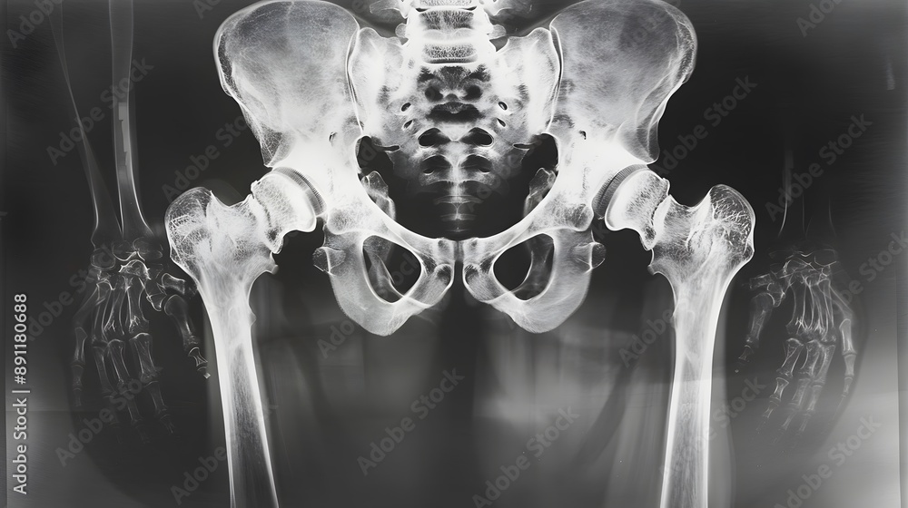 X-Ray of a Pelvis: X-ray image of a human pelvis, showing detailed bone ...
