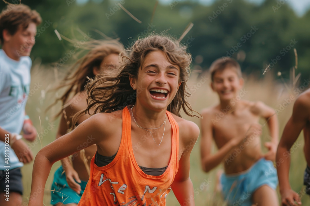 100. Friends playing a game of tag, running and laughing together ...