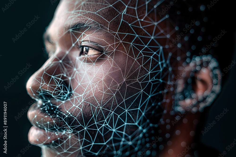 Portrait of man with wireframe overlay for deepfake technology. Facial ...