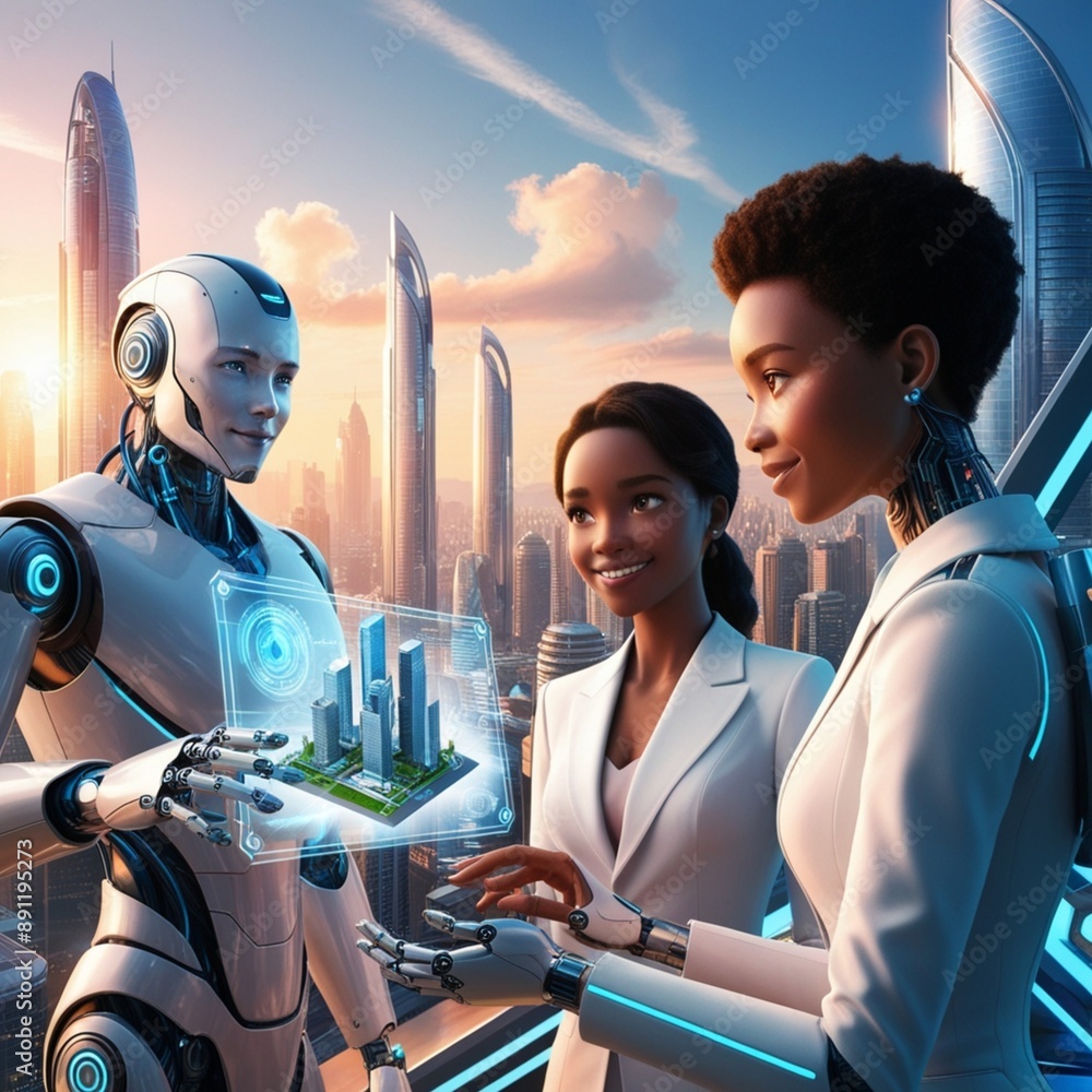 AI and human collaboration. collaboration between a futuristic robot ...